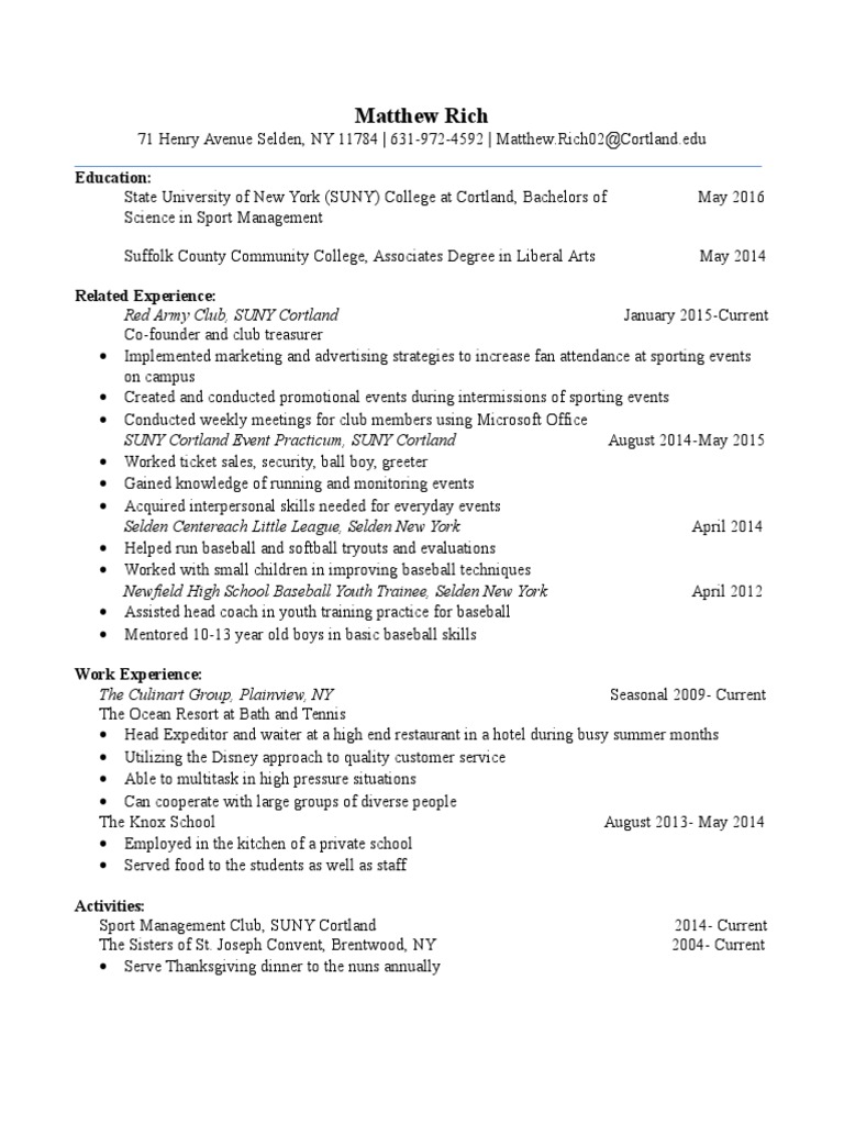 Matthew Rich: Sport Management Resume | PDF