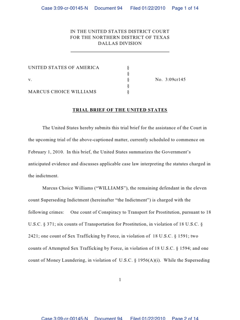 Marcus Choice Williams Trial Brief | PDF | Conspiracy (Criminal) | Plea