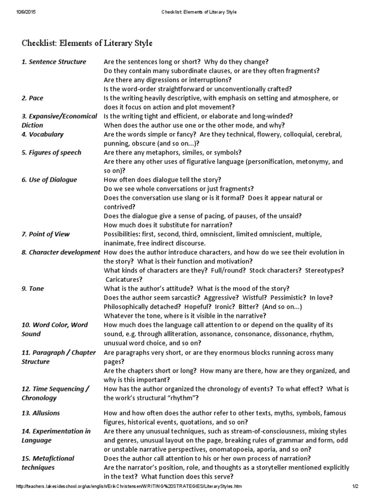 Literary Style Elements Checklist | PDF | Narration | Narrative