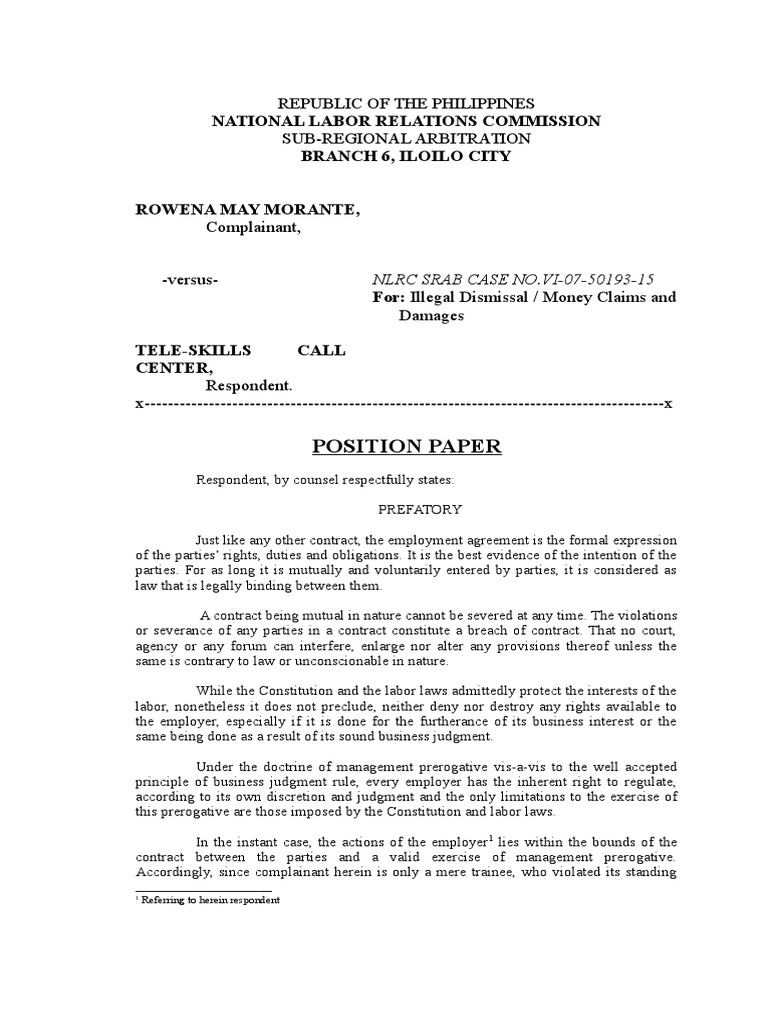Position Paper Labor Case | PDF | Burden Of Proof (Law) | Evidence (Law)
