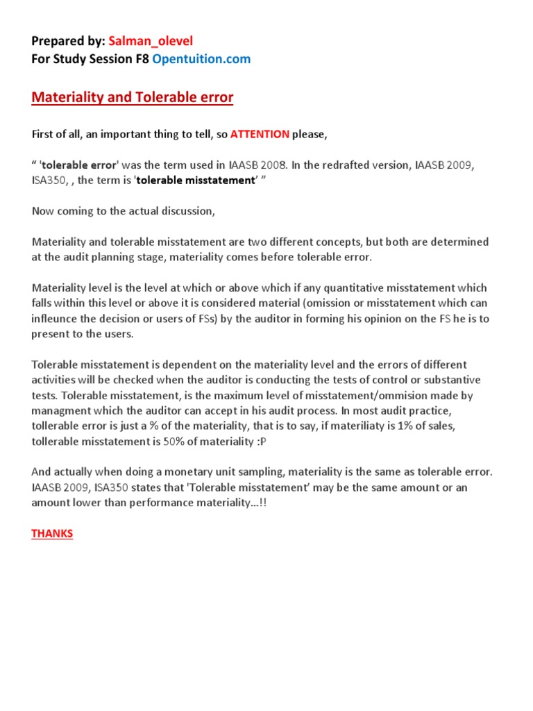 Materiality and Tolerable Error: Salman - Olevel | PDF