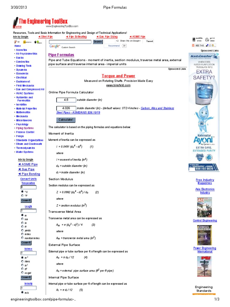 Pipe Formulas | PDF | Pipe (Fluid Conveyance) | Chemistry