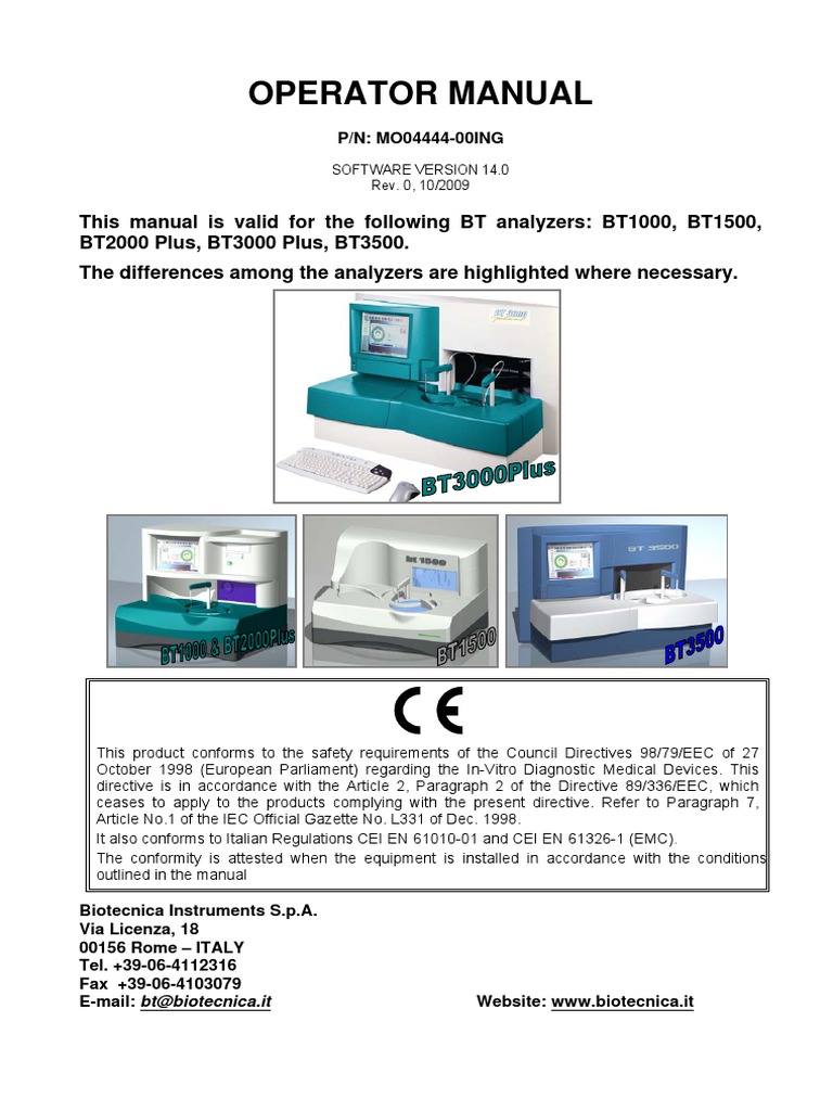 O.M. - 14.0 - BT1000 - BT1500 - BT2000 Plus - BT3000 - Plus - BT3500 ...