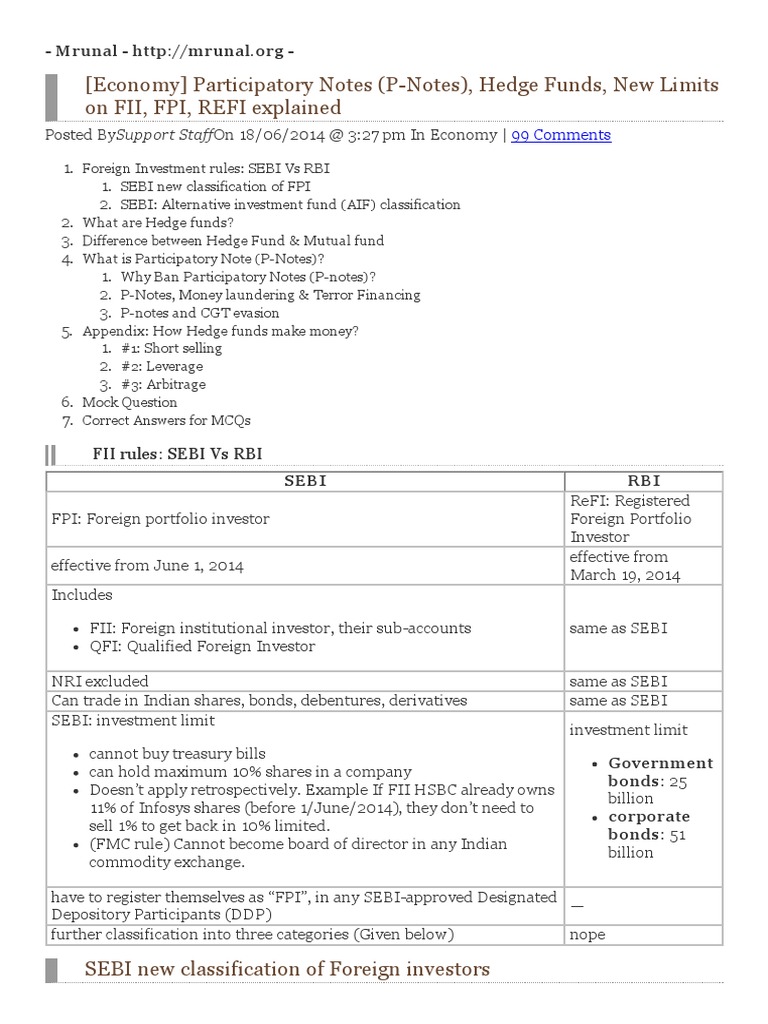 Participatory Notes (P-Notes), Hedge Funds, New Limits On FII, FPI ...