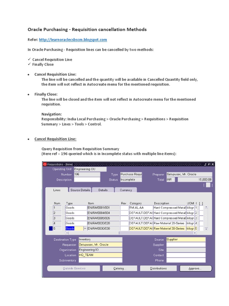 Oracle Purchasing - Requisition Cancellation Methods | PDF