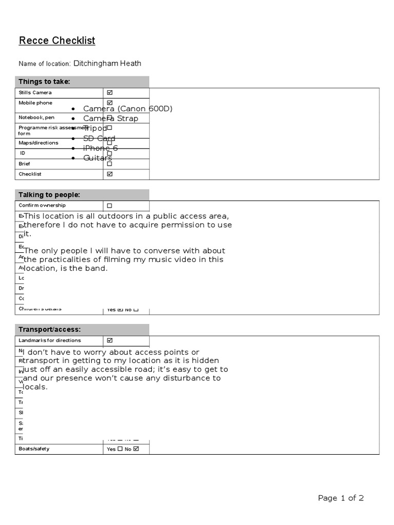 Recce Checklist For Ditchingham Heath | PDF
