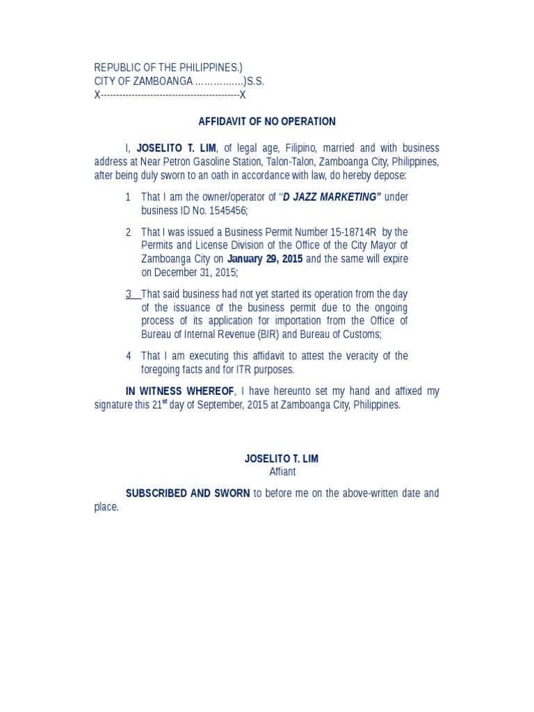 Affidavit of No Operation | PDF | Affidavit | Evidence
