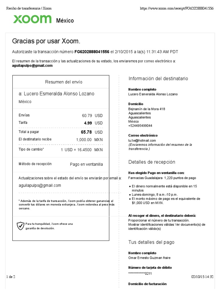 Recibo de Transferencia Xoom | PDF