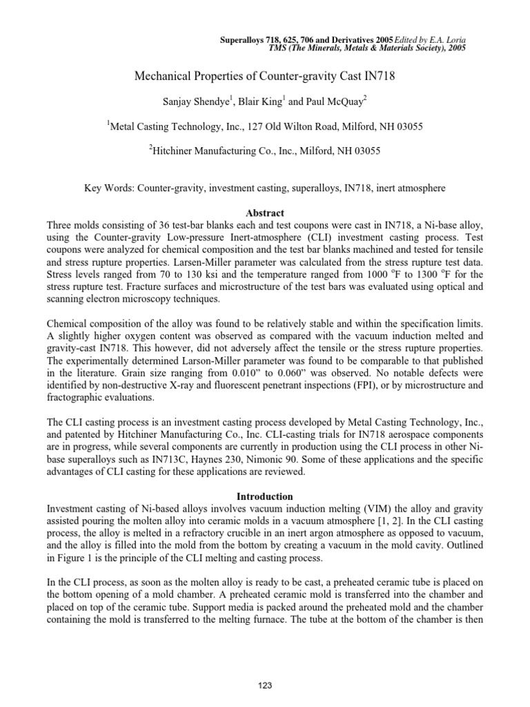 Mechanical Properties of Counter-Gravity Cast IN718 | PDF | Casting ... Mechanical Properties of Counter-Gravity Cast IN718 | PDF | Casting ...