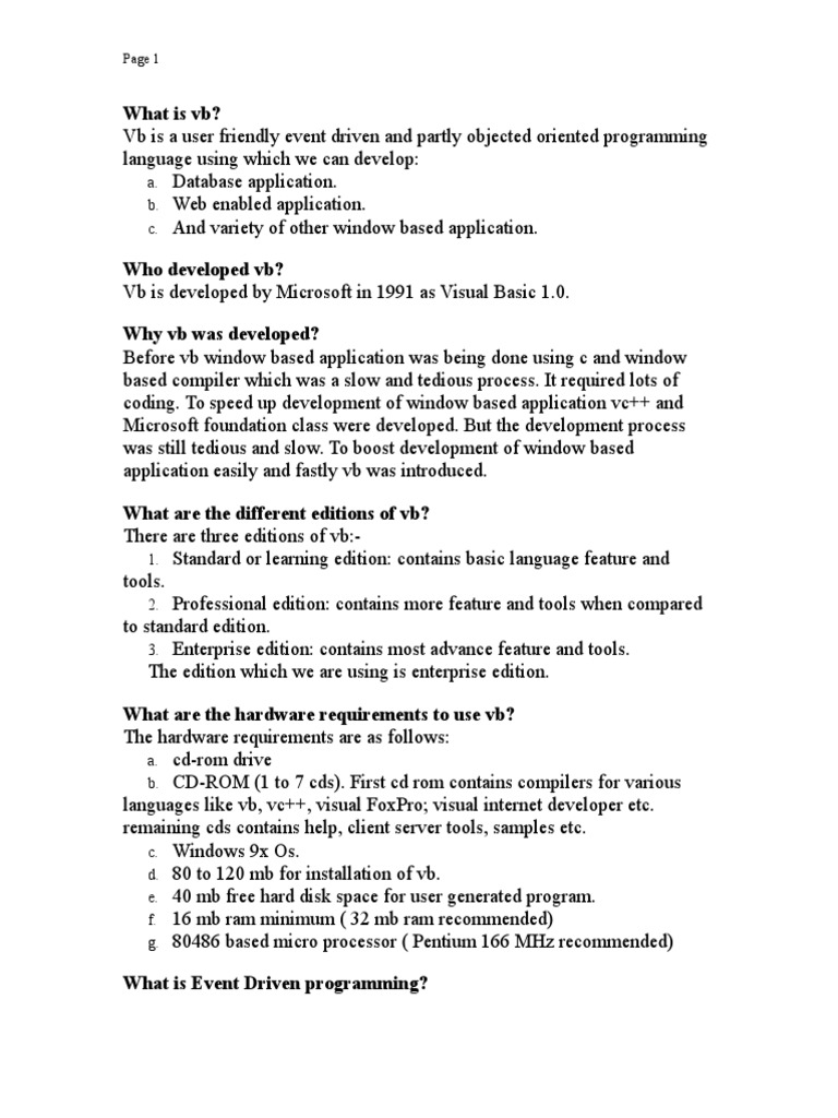 VB Important Questions, 2marks | PDF | Subroutine | Control Flow