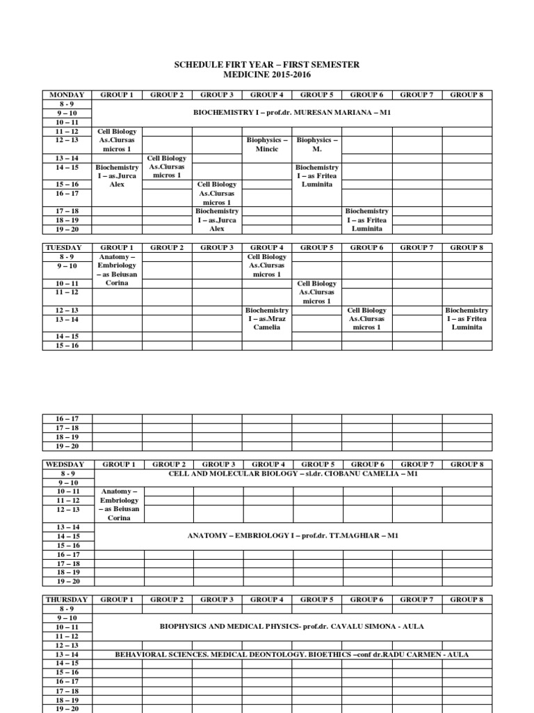 Schedule Firt Year - First Semester MEDICINE 2015-2016 | PDF | Self-Improvement | Wellness