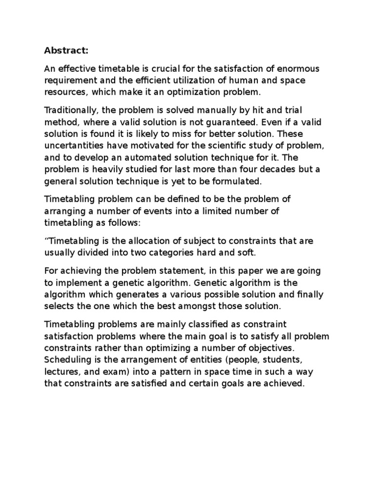 Abstract For Timetable Generation Pdf Genetic Algorithm Fitness Biology