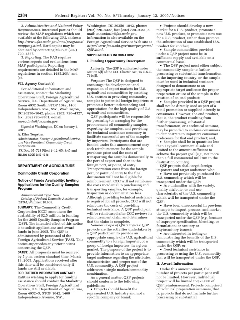 Notice: Grants and Cooperative Agreements Availability, Etc.: Quality Samples Program | PDF ...