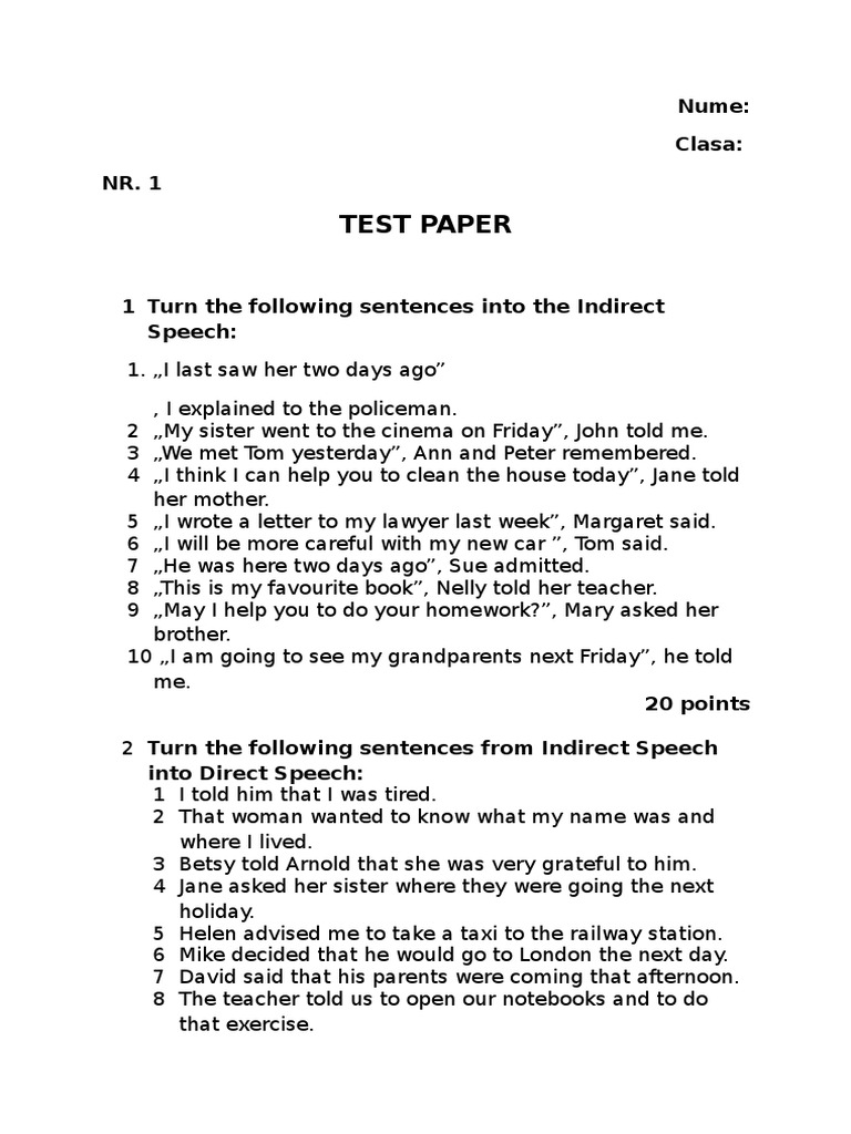 Indirect and Direct Speech Exercises | PDF