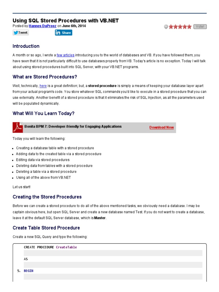 Using SQL Stored Procedures With VB | PDF | Sql | Subroutine Using SQL Stored Procedures With VB | PDF | Sql | Subroutine