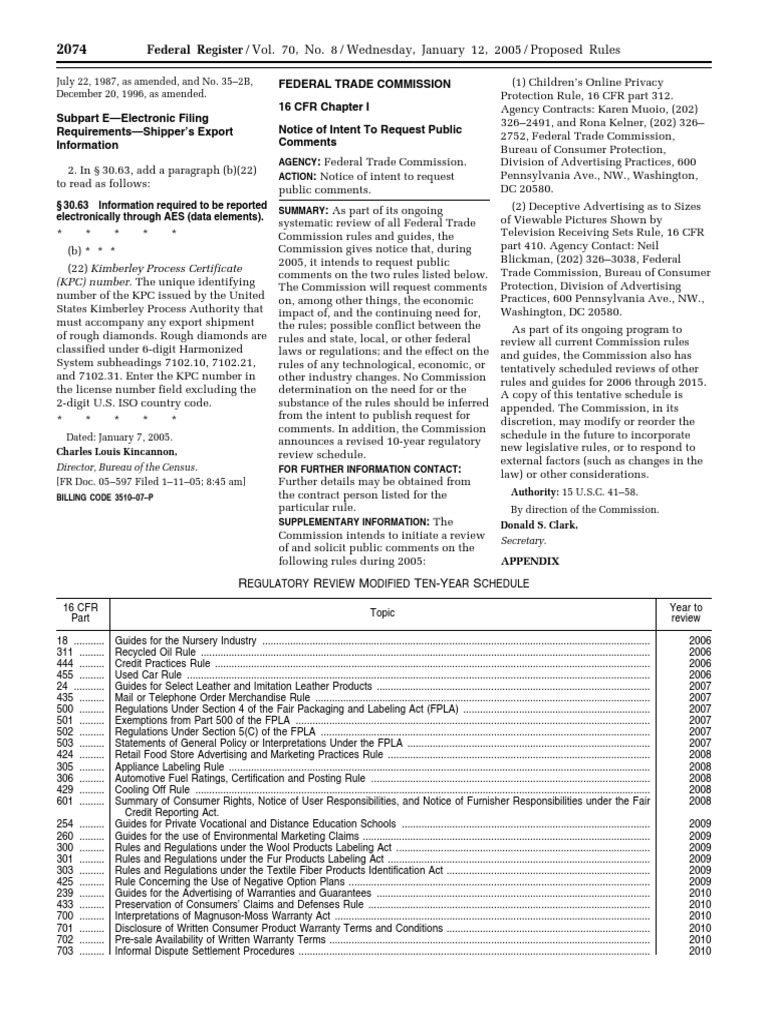 Federal Register / Vol. 70, No. 8 / Wednesday, January 12, 2005 ...