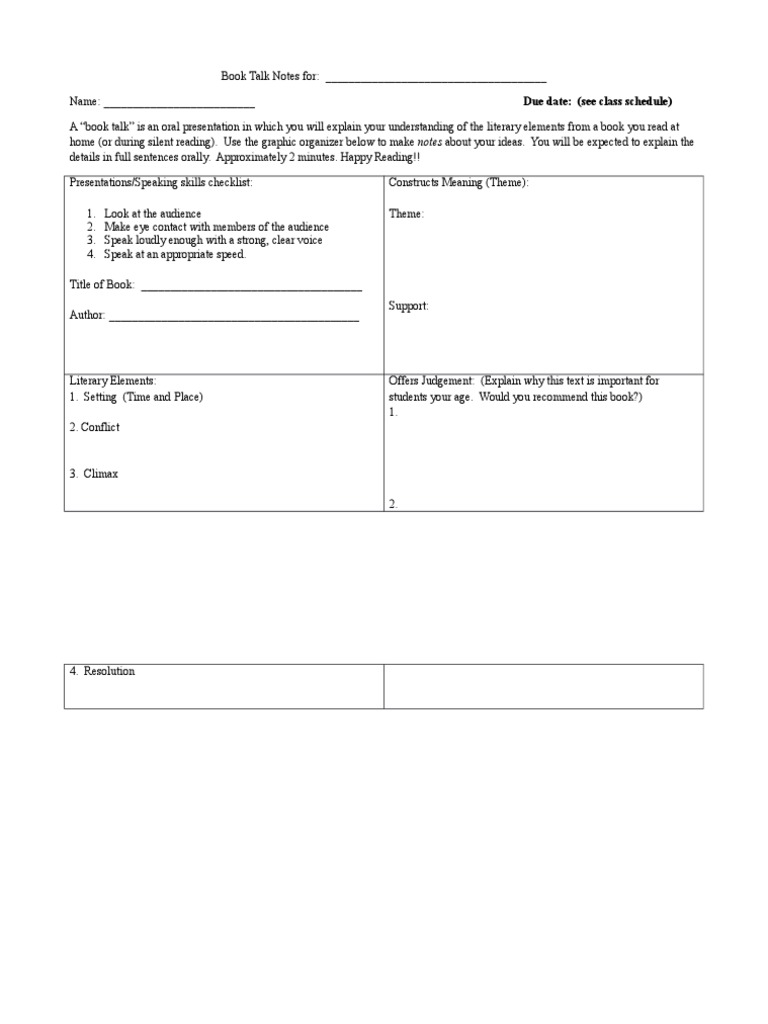 Book Talk Graphic Organizer Template | PDF | Language Arts & Discipline
