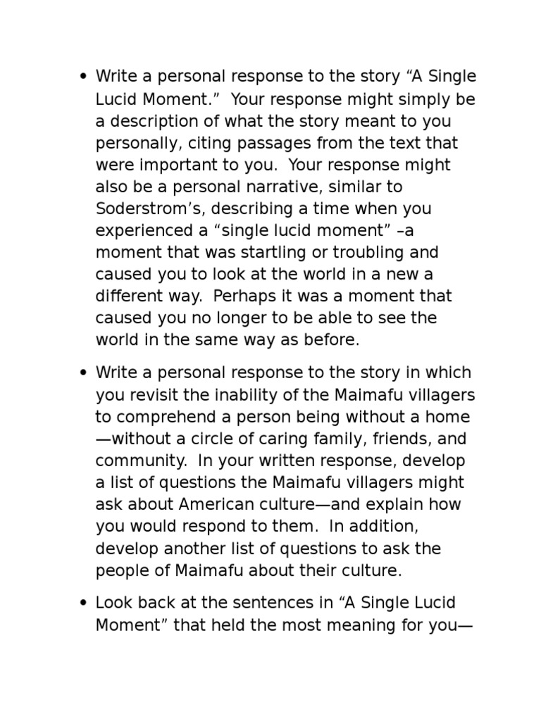 Write A Personal Response A Single Lucid Moment | PDF