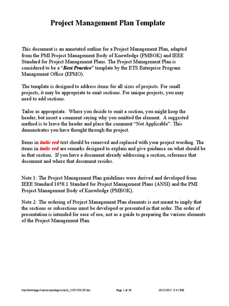 Project Management Plan Template Guide | PDF | Computers