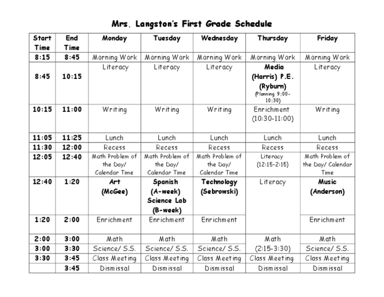 Mrs. Langston's First Grade Weekly Schedule | PDF