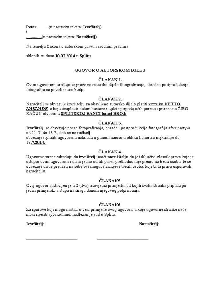 Autorski Ugovor Primjer | PDF