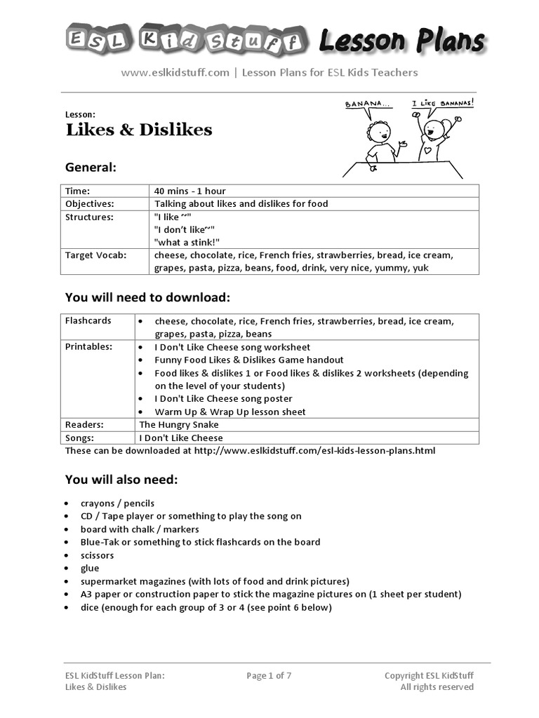Likes Dislikes Lesson Plan | PDF | Lesson Plan | English As A Second Or ...