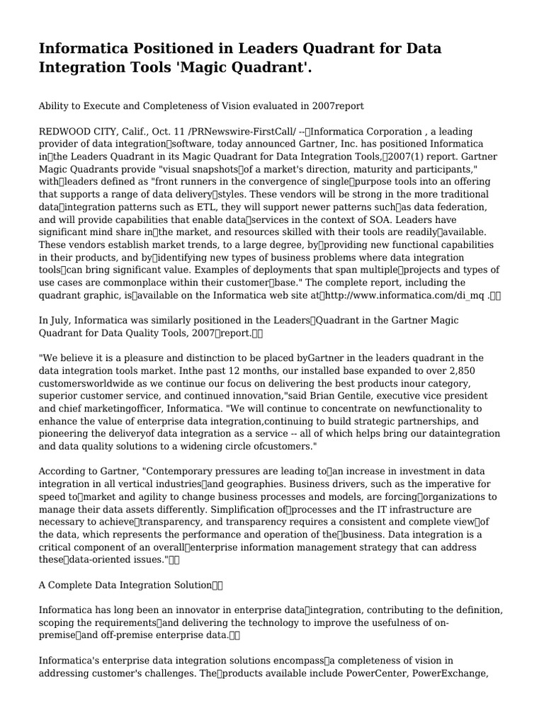 Informatica Positioned in Leaders Quadrant For Data Integration Tools ...