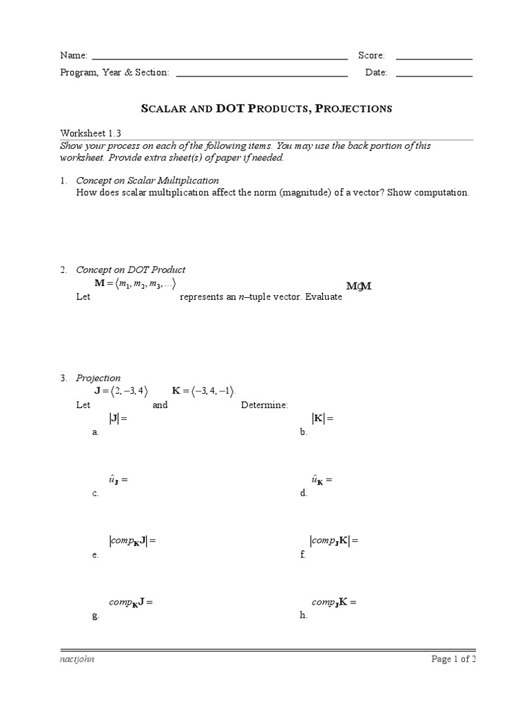1.3 Scalar and DOT Products, Projections | PDF | Computers | Technology ...
