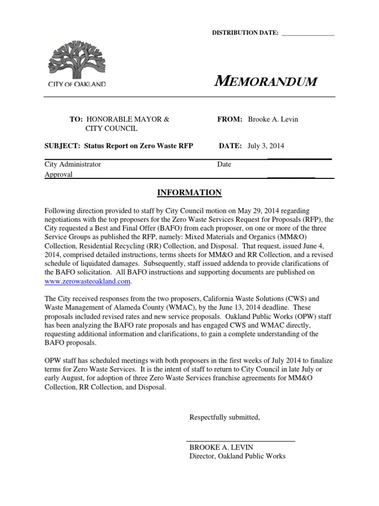 7-3-14 Info Memo - ZW Status Report PDF | PDF | Law
