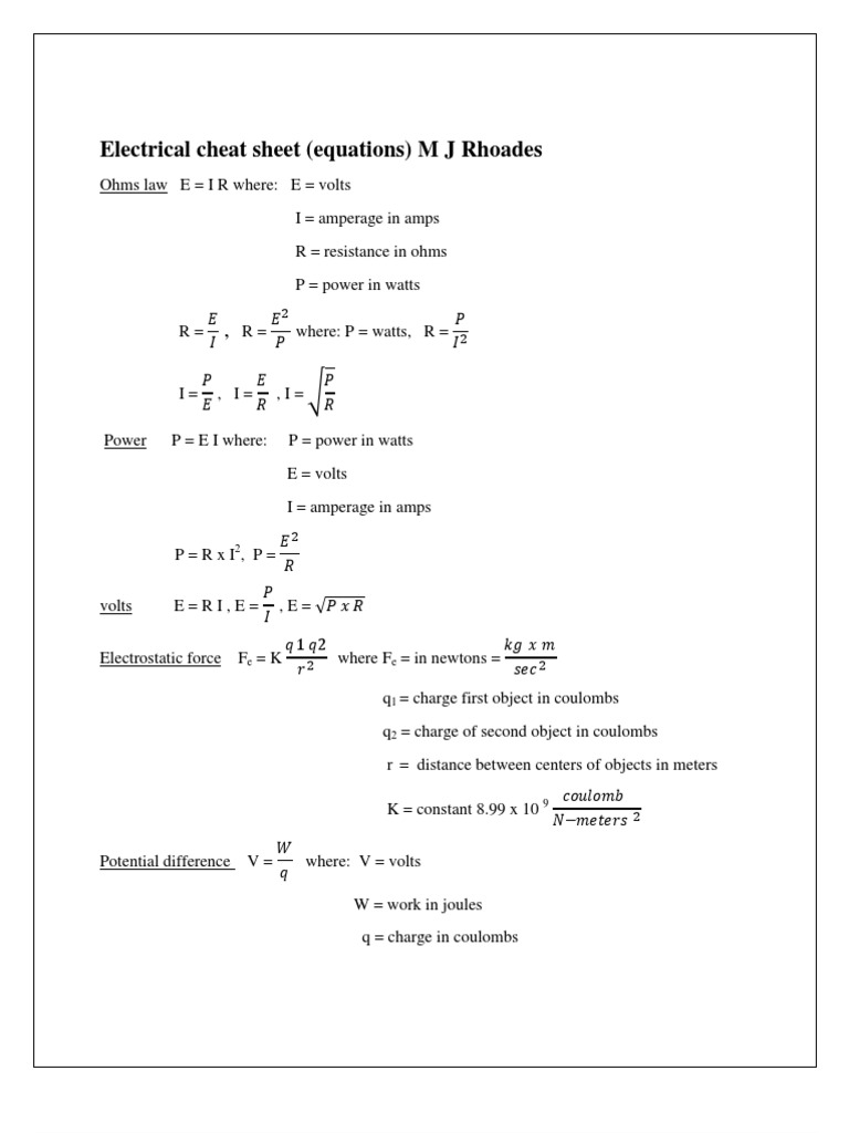 Basic Electrical Engineering Formulas