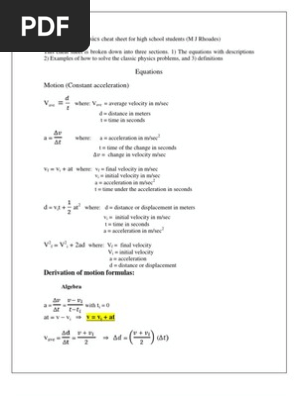 High School Physics Formula Sheet