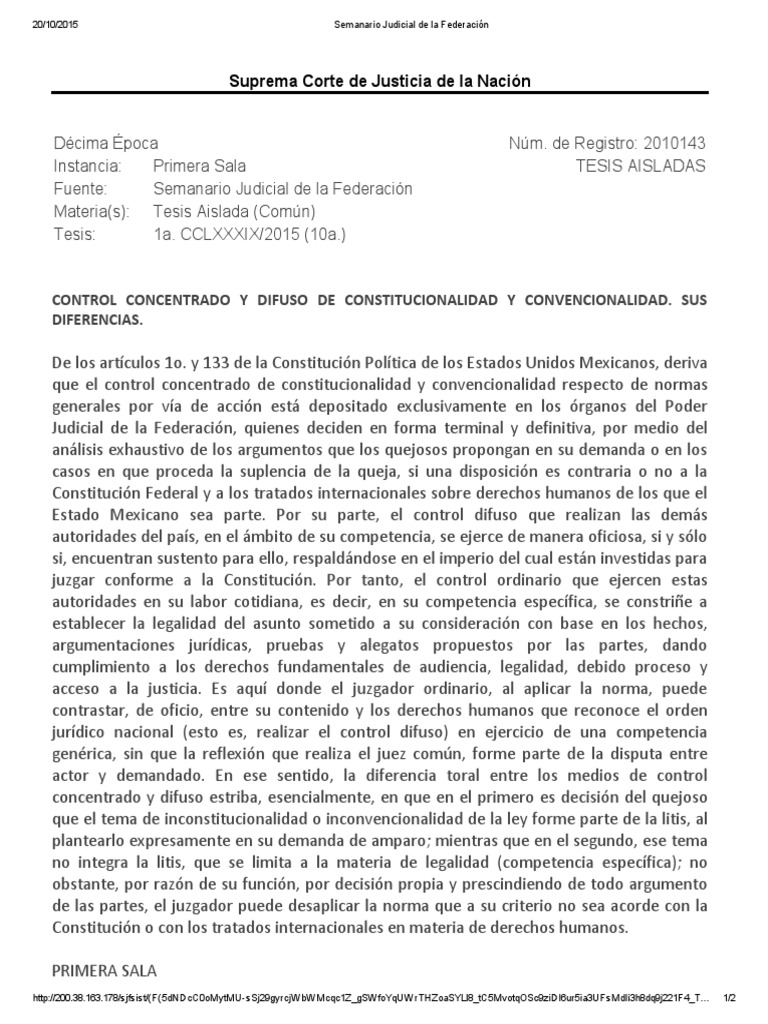 Jurisprudencia SCJN - Control Difuso y Concentrado de Constitucionalidad y Convencionalidad ...