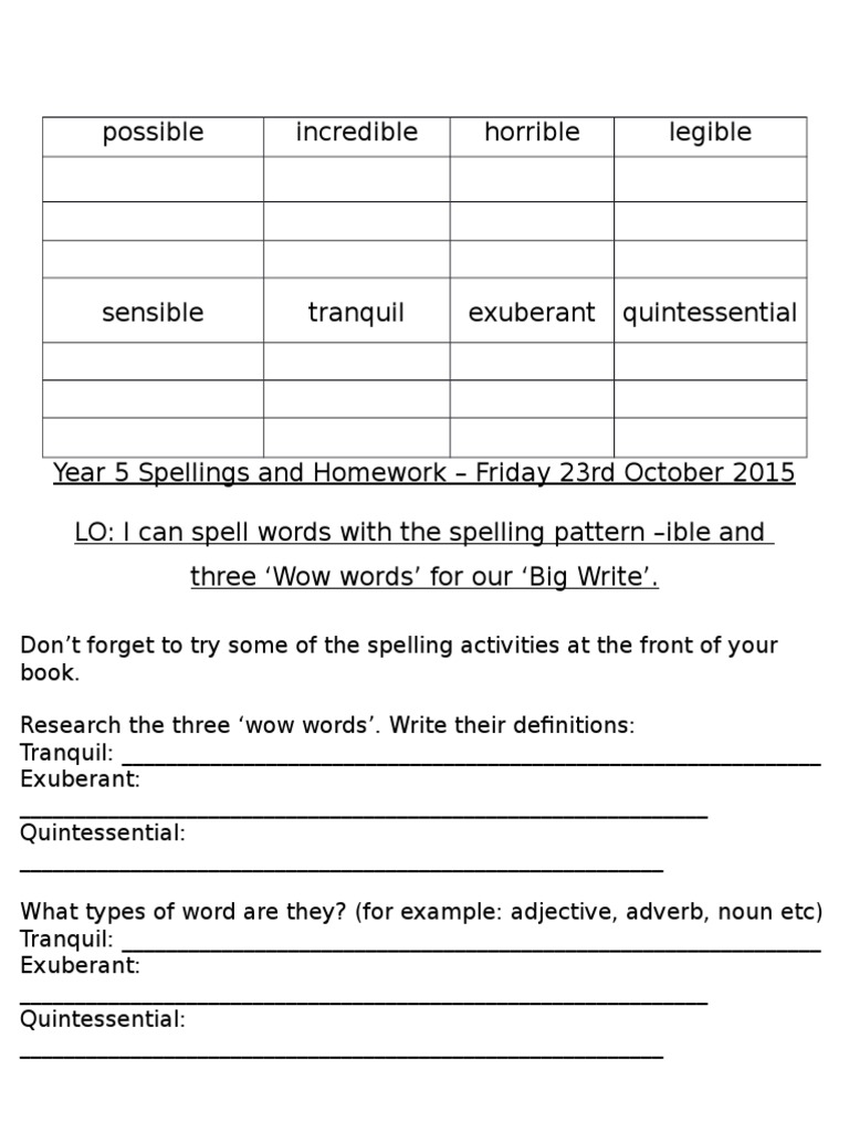 Year 5 Spelling Homework: -ible Words | PDF | Foreign Language Studies ...