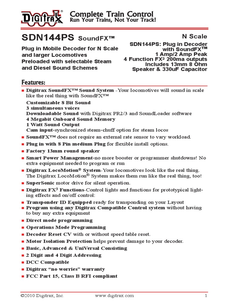 Digitrax SDN144PS Decoder Manual | PDF | Loudspeaker | Steam Locomotive