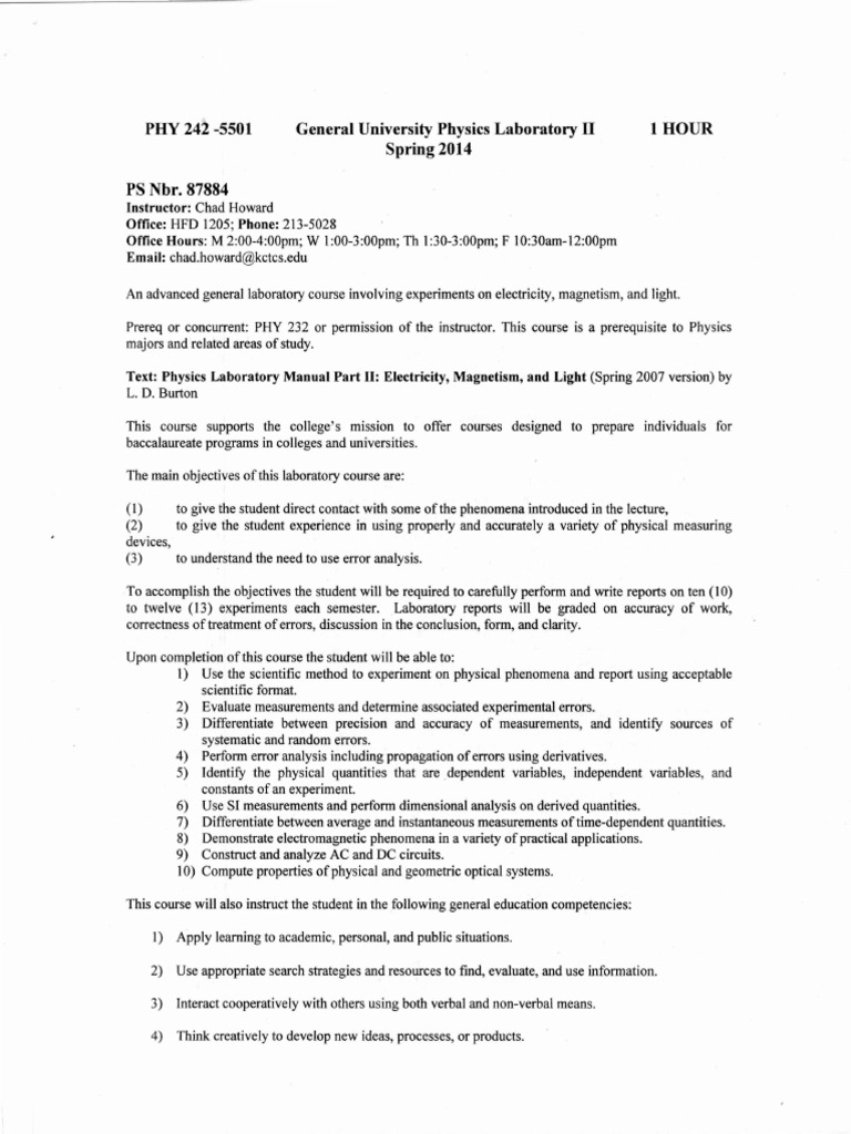 PHY 242 Lab - Syllabus | PDF | Experiment | Physics