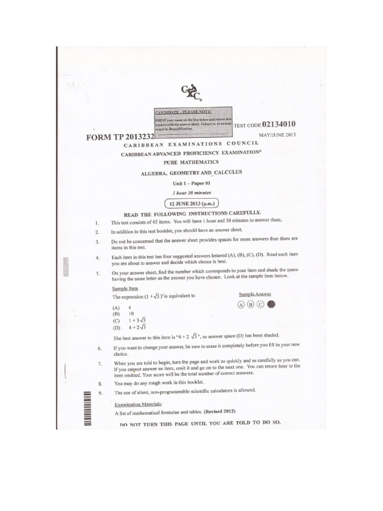 2013 Pure Math Unit 1 Paper 1 | PDF