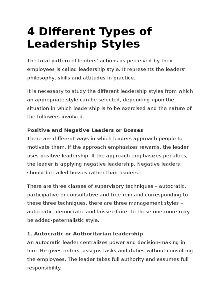 4 Different Types of Leadership Styles | PDF | Leadership ...