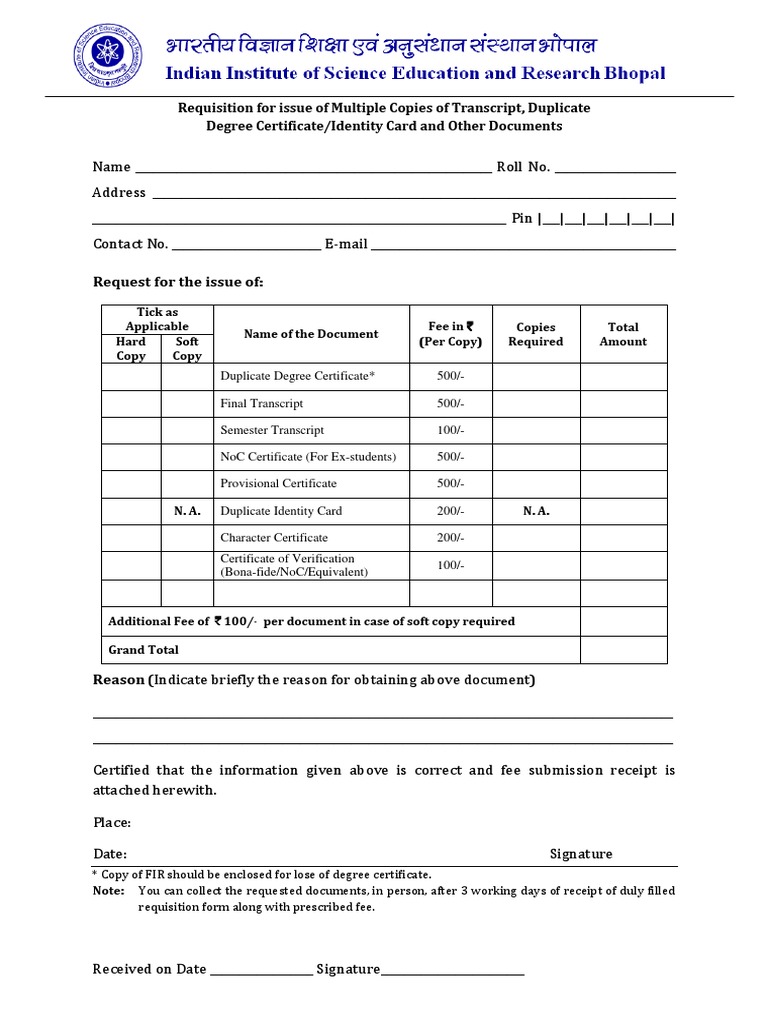 Requisition For Issue of Multiple Copies of Transcript, Duplicate Degree Certificate/Identity ...