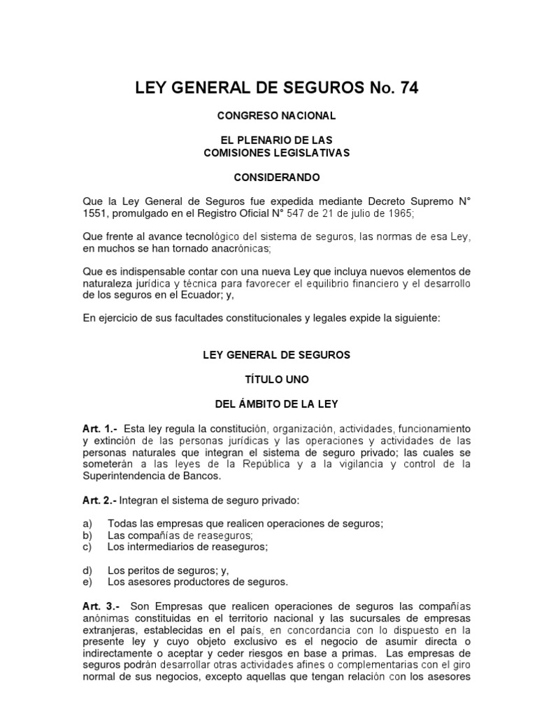Ley General de Seguros Ecuador | PDF | Póliza de seguros | Reaseguro