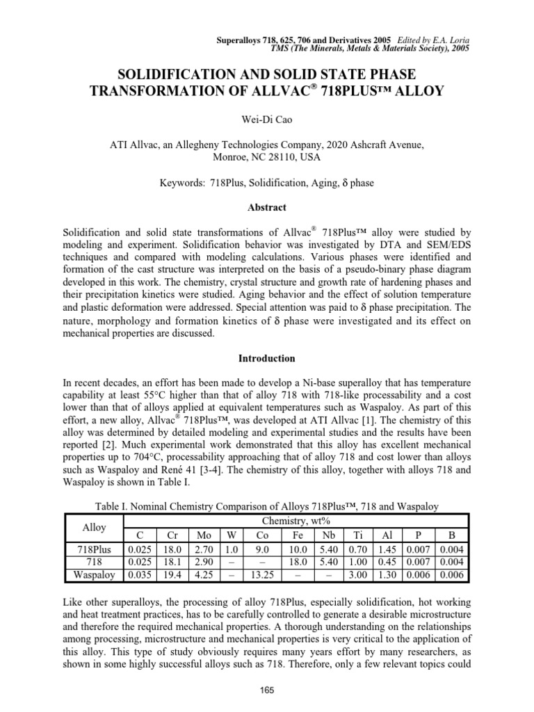 Solidification and Solid State Phase Transformation of Allvac 718plus Alloy | PDF | Fracture | Alloy