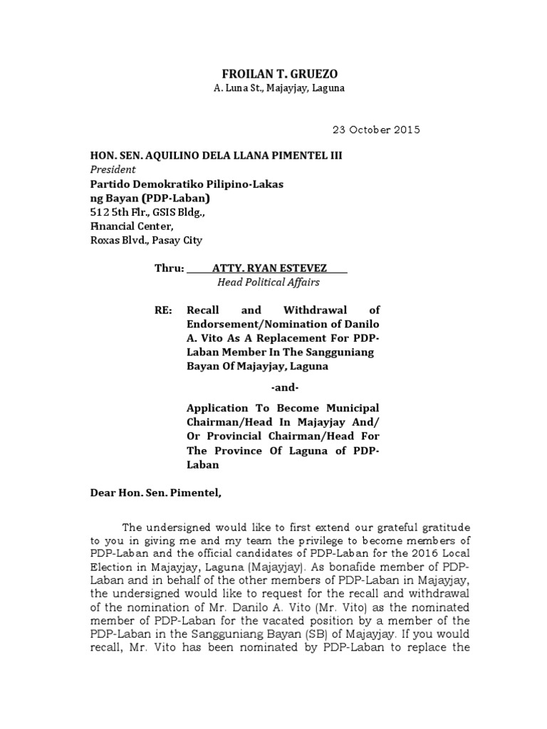 Letter For PDP Laban 10-23-2015 | PDF | Elections | Political Parties