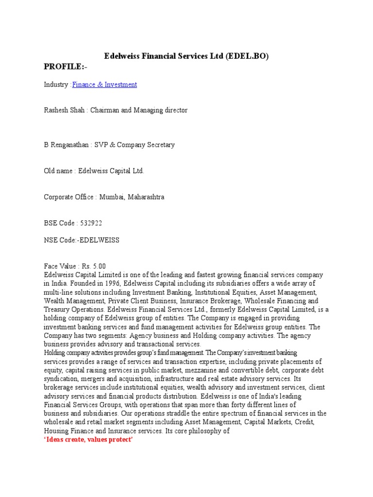 Edelweiss Financial Services LTD INTRO | PDF | Investment Banking ...