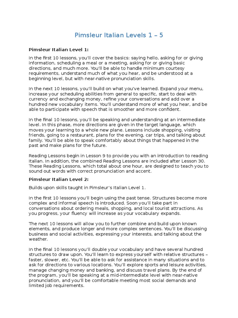 Pimsleur Italian Levels 1 - 5 | PDF | Vocabulary | Reading Comprehension