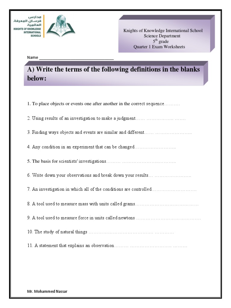 5th Grade Quarter 1 Science Exam Worksheets . | Observation ...