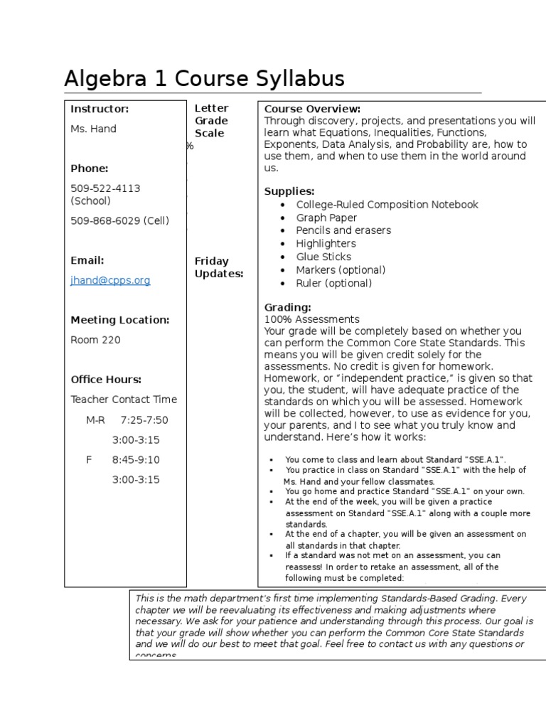 Algebra 1 (1st and 2nd) Course Syllabus | PDF | Educational Assessment ...