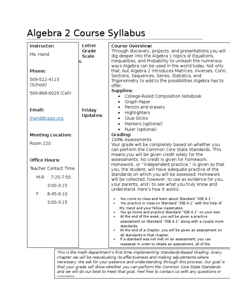 Algebra 2 Course Syllabus Overview | PDF | Educational Assessment ...