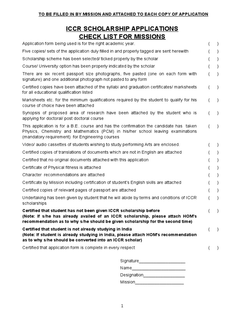 ICCR Scholarship Application Checklist | PDF | Academic Certificate ...