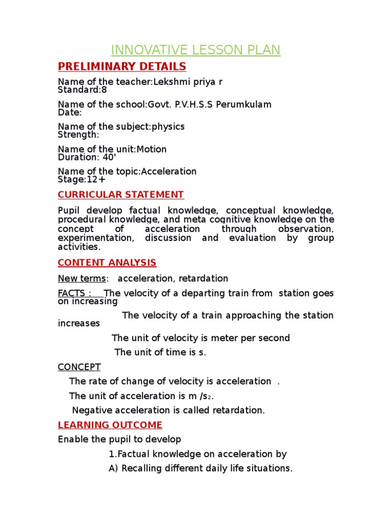 Innovative Lesson Plan | PDF | Acceleration | Velocity