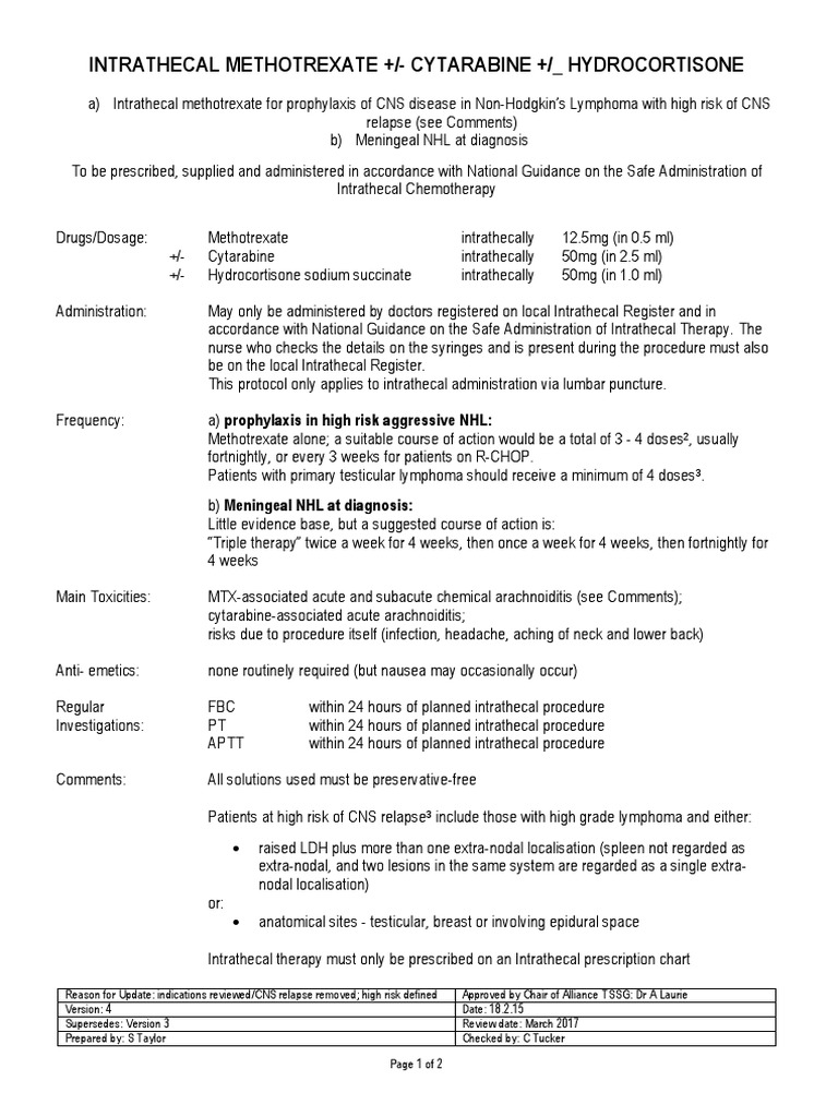Intrathecal Chemotherapy Protocols | PDF | Chemotherapy | Lymphoma
