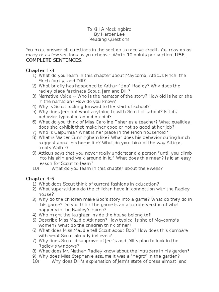 To Kill a Mockingbird: Study Questions | PDF | To Kill A Mockingbird ...